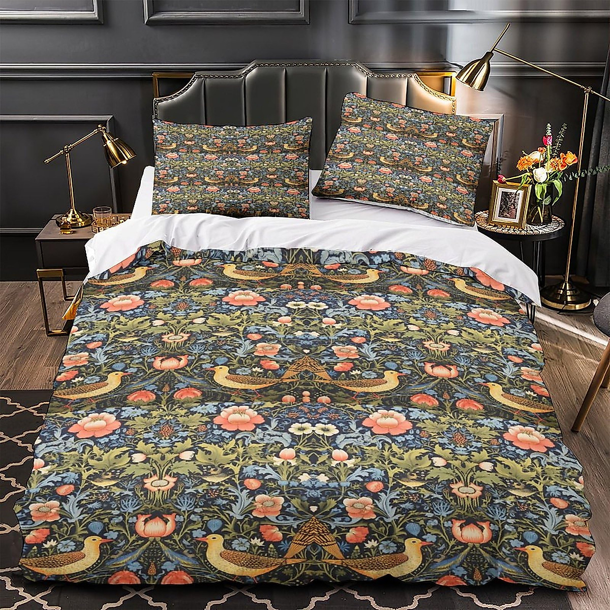 LITINGZHILONG William Morris Floral Bed 3 Piece Set, Vintage Flower Strawberry Bird Vintage Bohemian Plant Vintage Theme Bed Cover, 2 Pillowcases 1 Duvet Cover Bedding Bohemia Queen