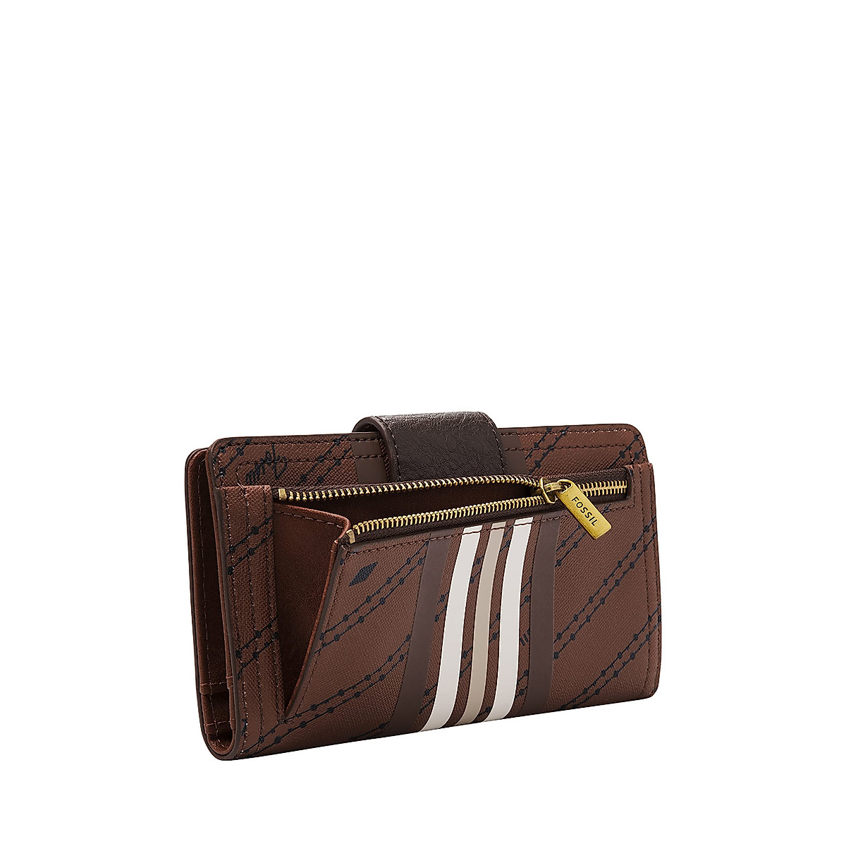 Fossil Women's Logan Faux Leather Wallet RFID Blocking Tab Clutch, Brown/Black Signature Print (Model: SL7827199)