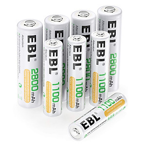 EBL AA Rechargeable Batteries 2800mAh (4 Pack) and AAA Rechargeable Batteries 1100mAh (4 Pack), 1.2V Ni-Mh Batteries Combo