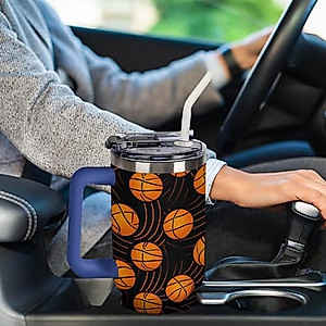 Sports Basketball Pattern 40 Oz Car Cup Stainless Steel Travel Mug Leak-Proof Insulated Tumbler with Handle Deep Blue-style