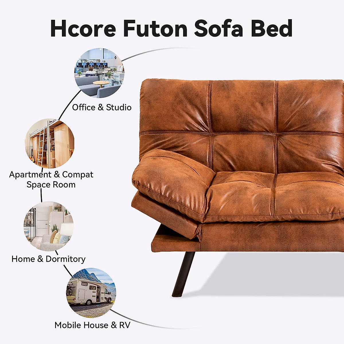 Hcore Convertible Futon Sofa Couch,3” Memory Foam Splitback Sofa,Brown Faux Leather Memory Foam Loveseat,Small Euro Lounger Sofa for Compact Living Spaces,Apartment,Studio,Office/Cushion Thickening