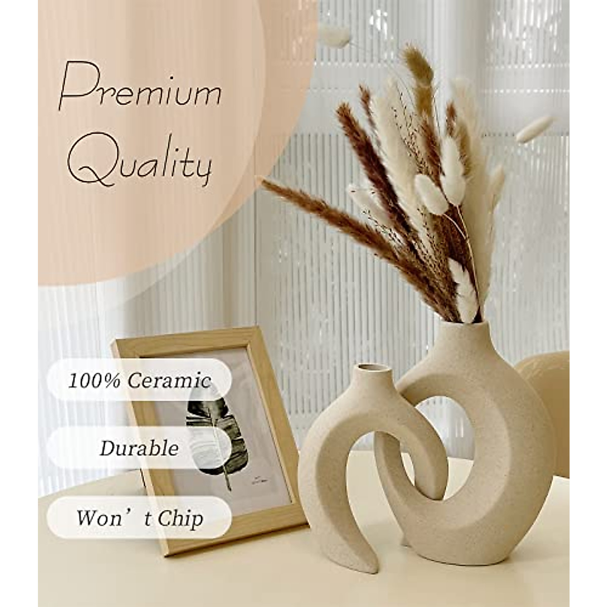 GOLDTIMO White Ceramic Vase, Modern Home Décor Vase Set of 2, Circle Matte Hollow Donut Pampas Flower Vases Nordic Boho Ins Style for Wedding Dinner Table Living Room Office Bedroom décor