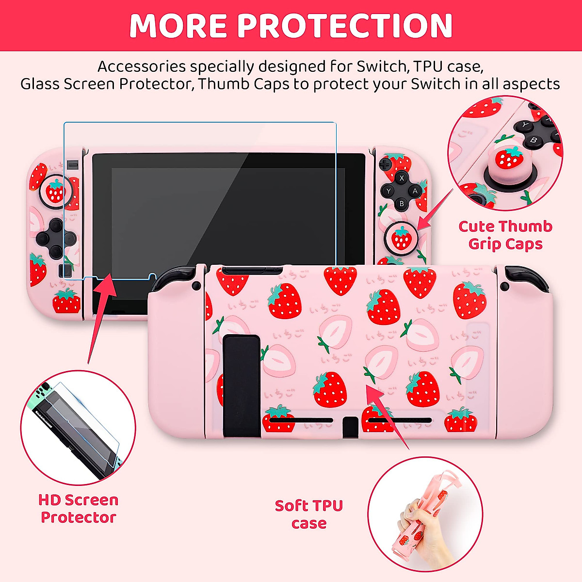 GLDRAM Pink Strawberry Carrying Case Bundle for Nintendo Switch Accessories, Cute Travel Case Kit with Soft TPU Cover, Game Case, Glass Screen Protector, Thumb Grip Caps, Shoulder Strap for Girls