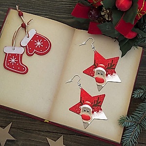 Swono Cartoon Reindeer Leather Earrings Christmas Cute Deer Red Hat Snow Snowflake Star Faux Leather Earring Lightweight Dangle Drop Earrings for Women Girls