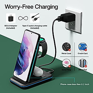 Wireless Charging Station for Samsung, Earteana 3 in 1 Qi Certified Charger/Stand for Samsung Galaxy S23/S22/S21/S20/Note20/10, Galaxy Watch4/Classic/3/1/Active 2/1, Buds+/Live with Adapter (Black)