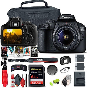 Canon EOS 4000D / Rebel T100 DSLR Camera with 18-55mm Lens, 64GB Memory Card, Case, Photo Software, LPE10 Battery, Flex Tripod, Hand Strap, Memory Wallet, Cleaning Kit (Renewed)