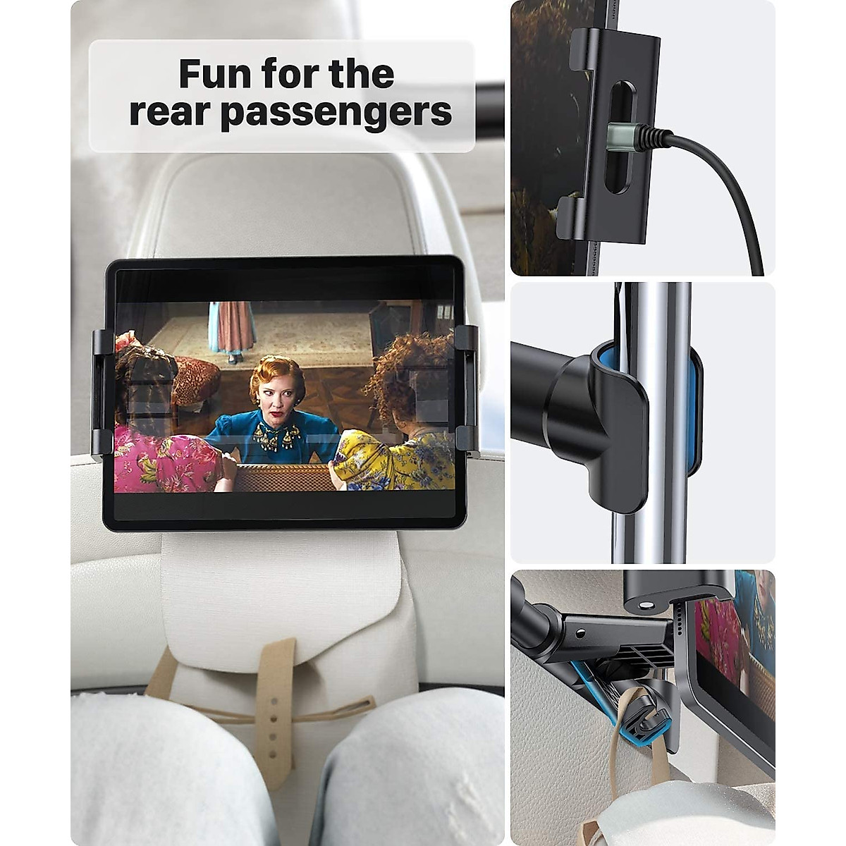 Bakel Portable Electronic Device Mount, Black, Compatible with iPhone, iPad, 6"-10" Tablets, 4.7"-8" Cell Phones, Fits Headrests 5.2in-5.7in Wide, Never Shakes, Hook 2 in 1