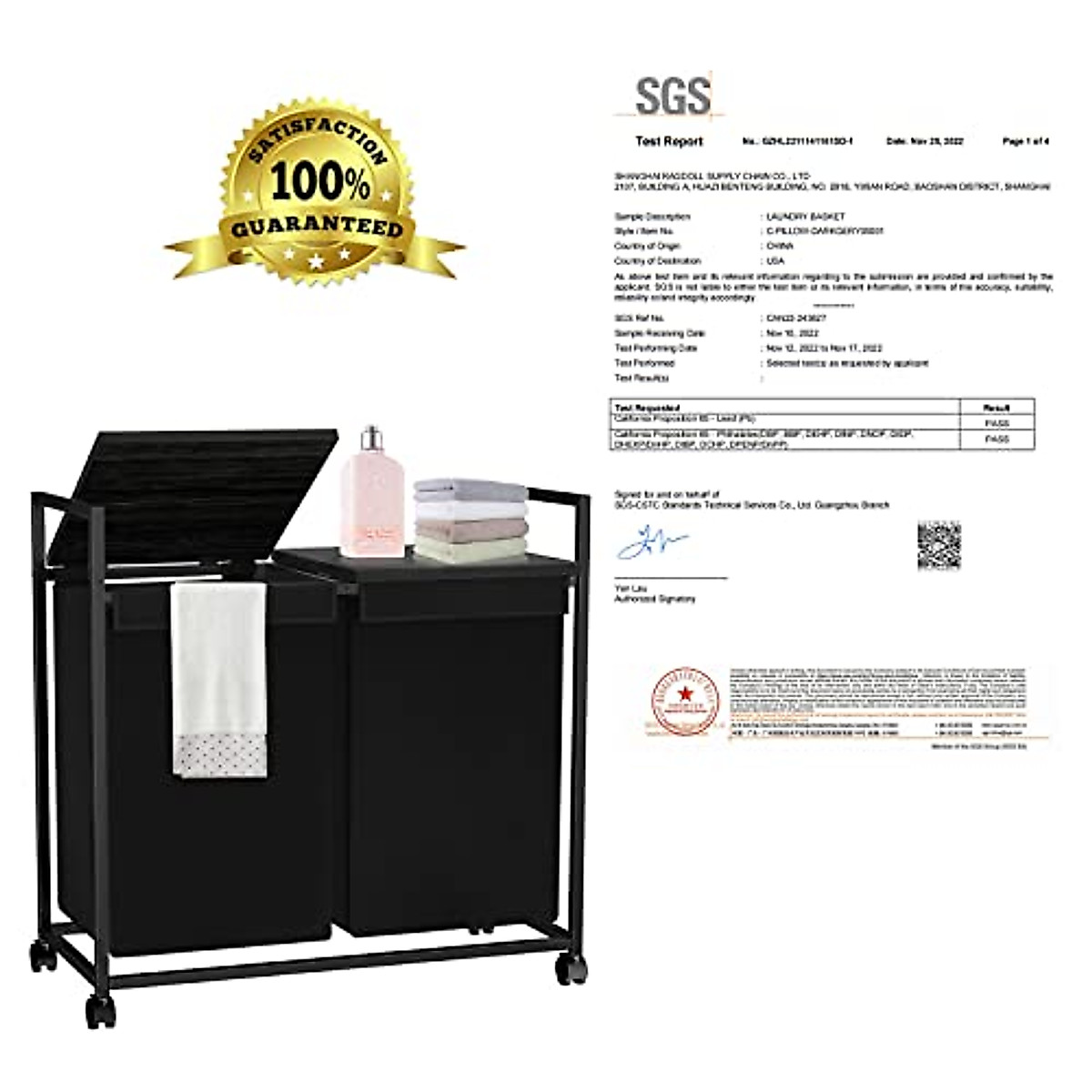 PAKLORDE Laundry Hamper with Lid,Wheels Laundry Basket Sorter 2 x 14 Gal (112L),Top Shelf,600D Oxford Sorter Bag Metal Frame Industrial for Bathroom Dorm Living Room Bedroom (Black Oak)