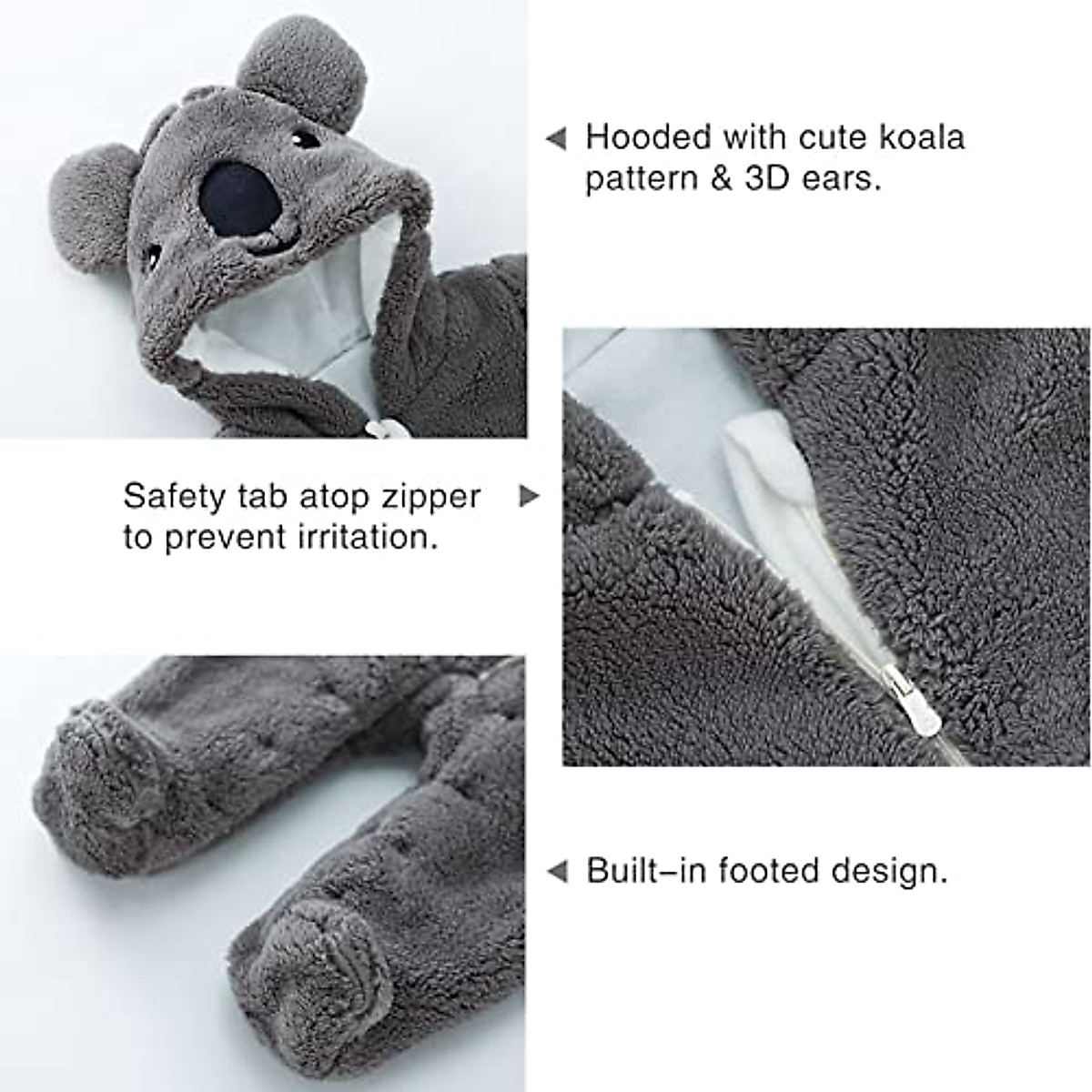 pureborn Newborn Baby Boys Fleece Footed Jumpsuit Hooded Snowsuit Pramsuit Winter Cartoon Romper Gray Koala 0-3 Months