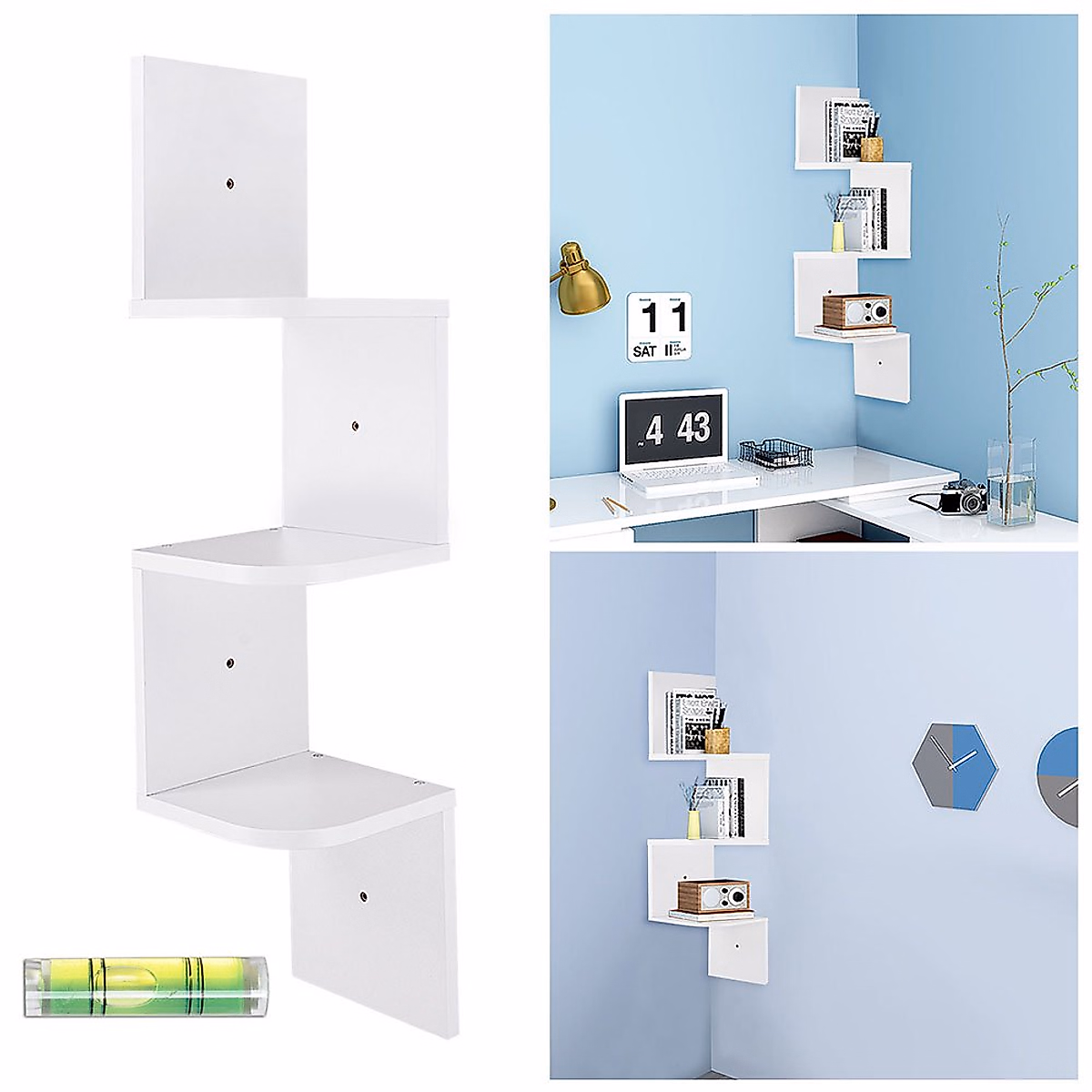 ZeHuoGe White 3 Tiers Wall Mount Corner Shelf Wood Storage Organizer W/Gradienter MDF + Melamine Board 7-7/8"L x 7-7/8"W x 32-1/4"H Height of Each Layer 7-7/8" Home Office US Delivery (White)