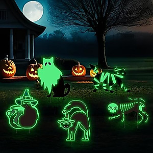 Halloween Yard Decorations Outdoor Signs - 5pcs Black Cat Halloween Decor Yard Signs with Stakes, Mummy Ghost Witch Skeleton Cat Glow in Dark for Halloween Party Supplies Garden Lawn Decorations