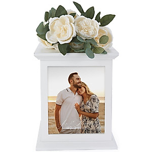 Displays2go Wooden Wedding Card Box, 8" x 10" Photo Frame, Top Slot, Rear Access Door - Ivory (FDGWCBWHT)