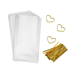 Cellophane Bags 200 PCS Clear Flat Cello Treat Bags Party Favor Bag for Gift Bakery Cookies Candies with 200 Twist Ties (4x9Inch)