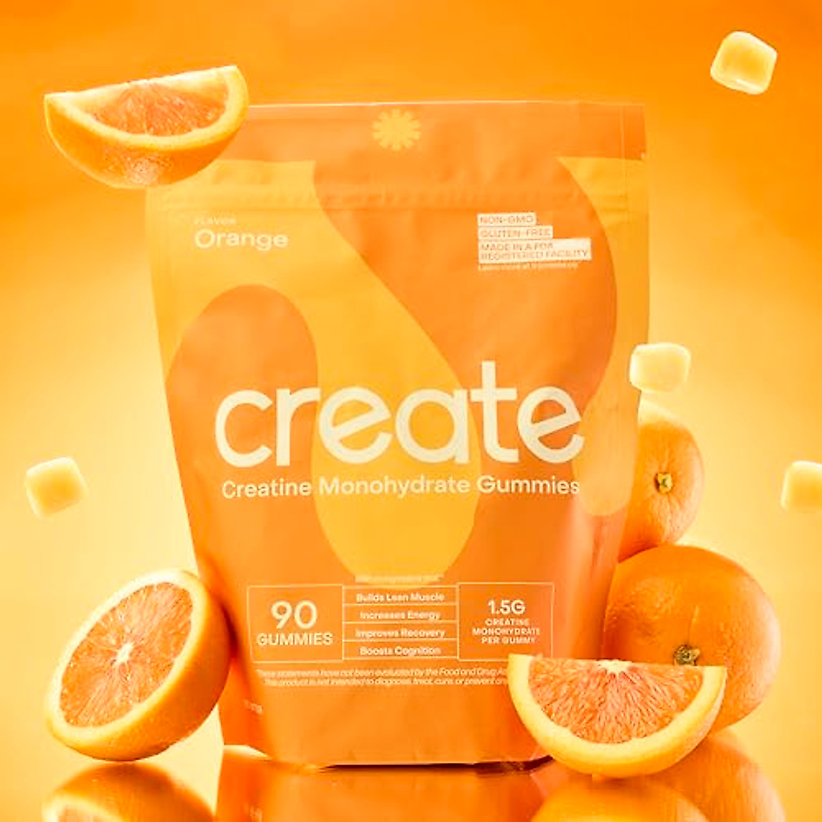 Create Creatine Monohydrate Gummies for Men & Women, Boost Focus, Strength, and Endurance, Anti-Melting Formula, Vegan, Gluten-Free, Non-GMO, 1.5g of Creatine per Gummy (Orange, 90ct)