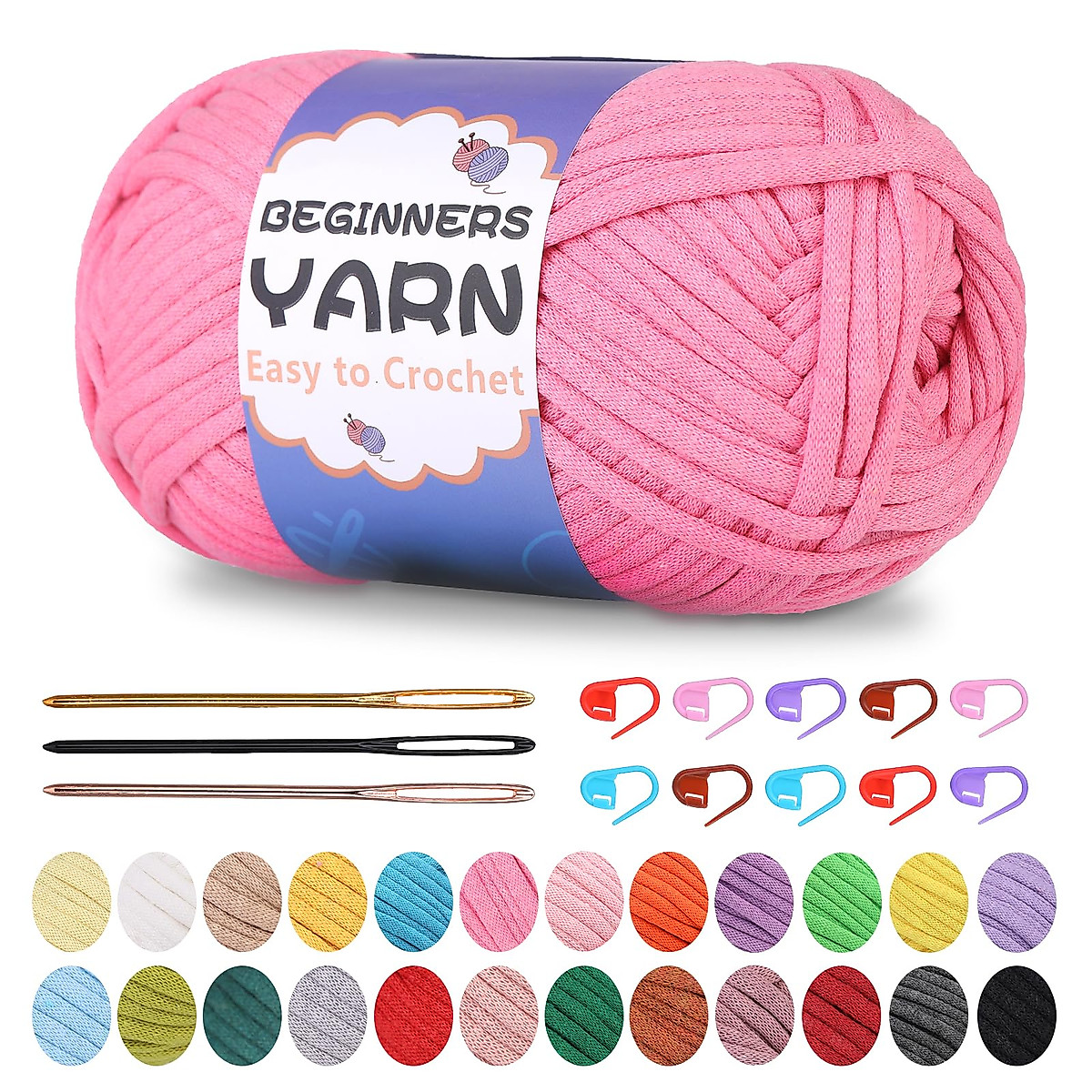 200g/7Oz Yarn for Crocheting, Crochets Yarn, Easy Yarns for Beginners with Easy-to-See Stitches, Stitch Marker, Big Eye Blunt Needle, Beginner Yarns for Crocheting (Pink)