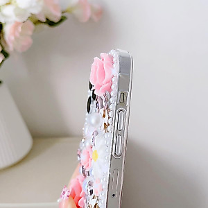 Changjia for iPhone 14 Pro Max Glitter Bling Case, Girly Cute Luxury 3D Crystal Rhinestone Flowers Diamond Pearl with Lanyard Wrist Strap Women Girls Case Cover for iPhone 14 Pro Max 6.7 inch (Pink)