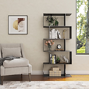 Yusong Bookshelf 5-Tier, Geometric Bookcase S Shaped Book Shelves and 3 Tier End Table, Tall Side Table with Storage Cabinets,Black