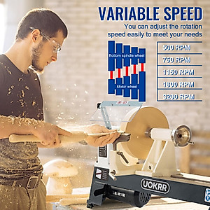 UOKRR Benchtop Wood Lathe 10" x 18" Wood Lathe Machine 5 Variable Speeds 500/750/1150/1800/3200RPM Mini Wood Turning Lathe for Woodworking 1/2HP Multifunctional Power Wood Lathe