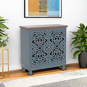 Sophia & William Accent Cabinet with 2 Doors, Distressed Storage Cabinet with Wood Frame and Hollow-Carved Door for Entryway Living Room, Blue