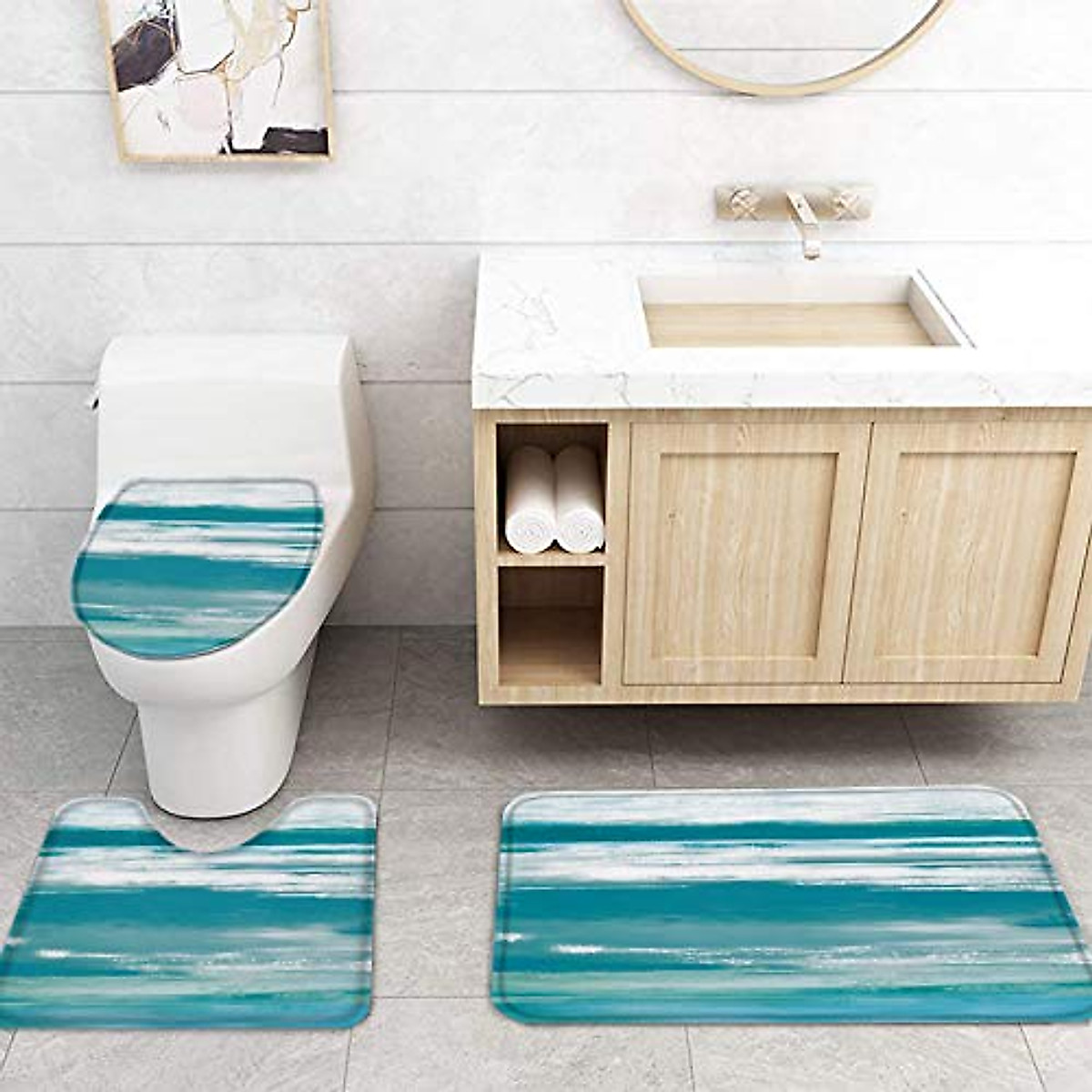 BestLives 4 Pcs Shower Curtain Sets with Rugs Abstract Turquoise Cyan Non-Slip Soft Toilet Lid Cover for Bathroom Ombre Turquoise Art Texture Bathroom Sets with Bath Mat and 12 Hooks