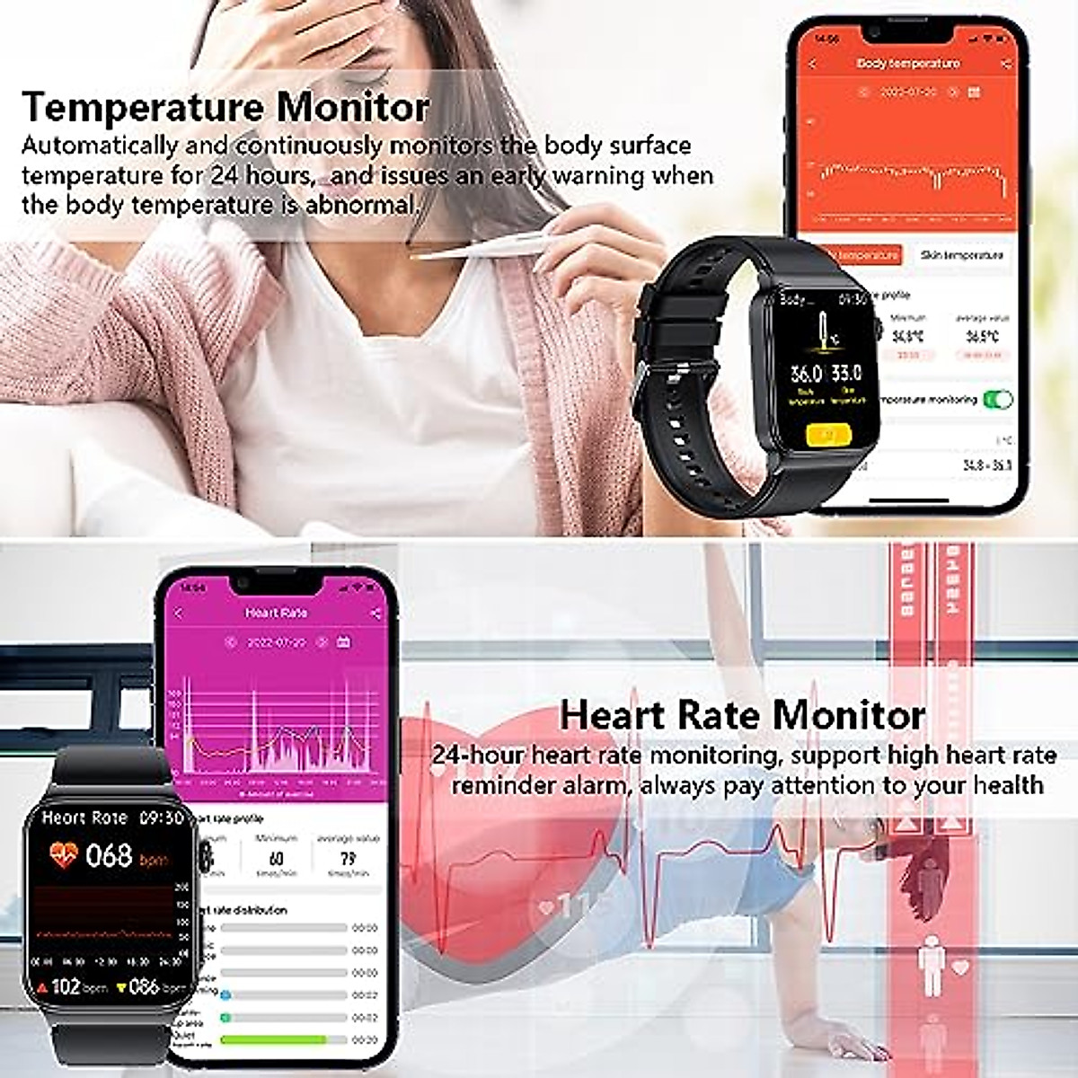 Blood Health Monitor Smart Watch for iPhone Android Bluetooth Calling 2023 Upgraded Non-invasive Blood Sugar Test Smartwatchs Men Women with Heart Rate Blood Oxygen Pressure HRV Fitness Tracker Watch