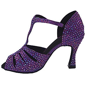 Womens Professional Rhinestones T-bar Latin Dancing Shoes Social Salsa Ballroom Tango Cha-Cha Wedding Dancing Shoes Custom Heel Purple US 8