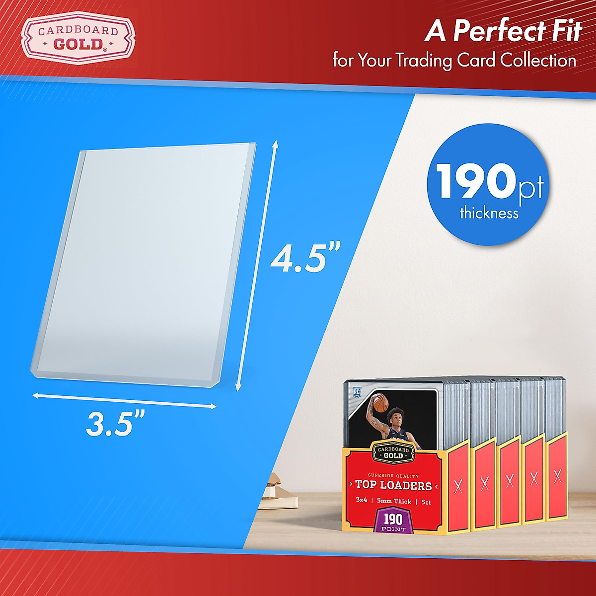 Cardboard Gold - 190pt Top Loaders for Cards - 5 Count - Premium 3x4 Inch Trading Card Toploaders - Protect Your Baseball and Sports Cards with These Crystal Clear Hard Plastic Sleeves Protectors