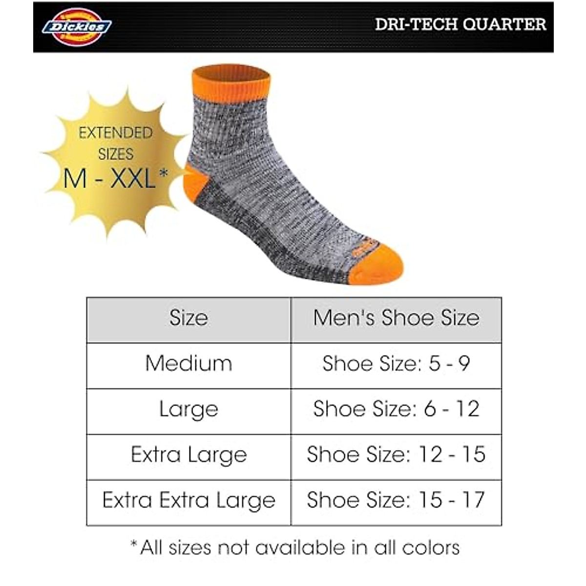 Dickies Men's Dri-Tech Moisture Control Quarter Socks, Available in M-XXL (6, 12, 18, Hi-Vis Orange Black (6 Pairs), X-Large