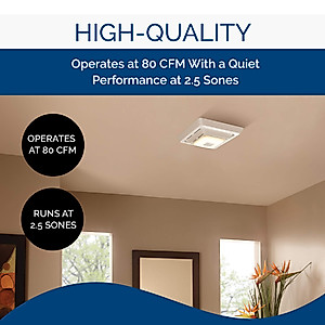 Broan-NuTone SPK80L Bluetooth Speaker Ventilation Fan with LED Light, 80 CFM, 2.5 Sones, White