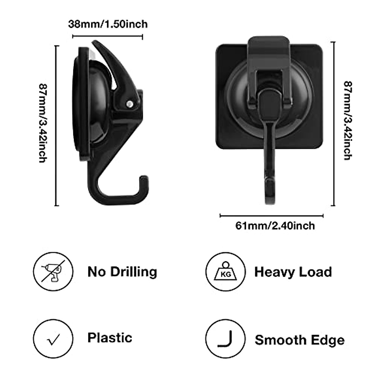 Khdrvok Heavy Duty Vacuum Round Cup Hook, Easy to Install and Remove,Black Plated Plished Super Suction for Kitchen， Bathroom and Restroom， 2pack