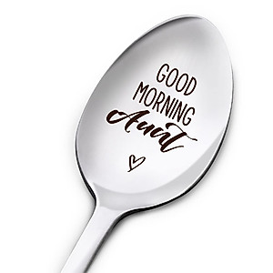 Good Morning Aunt Spoon Gift, Mother’s Day Birthday Thanksgiving Christmas Gifts for Best Aunt Ever, Auntie Gifts from Nephew Niece, Engraved Stainless Steel Spoon Gifts for Aunt
