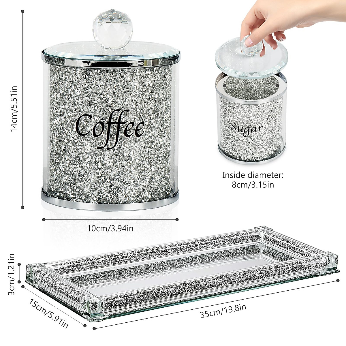 LYTDMSKY 4 Pcs Coffee Sugar Container Set, Tea Canister and Crushed Diamond Tray, Decorative Kitchen Canisters with Lid, Bling Glass Snacks Sugar Containers Kitchen Coffee Jar Storage Containers