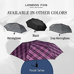 LONDON FOG Mini Rain Umbrella, Automatic Folding Umbrella, Windproof, Lightweight and Packable for Travel, Full 42 Inch Arc, Purple Tartan