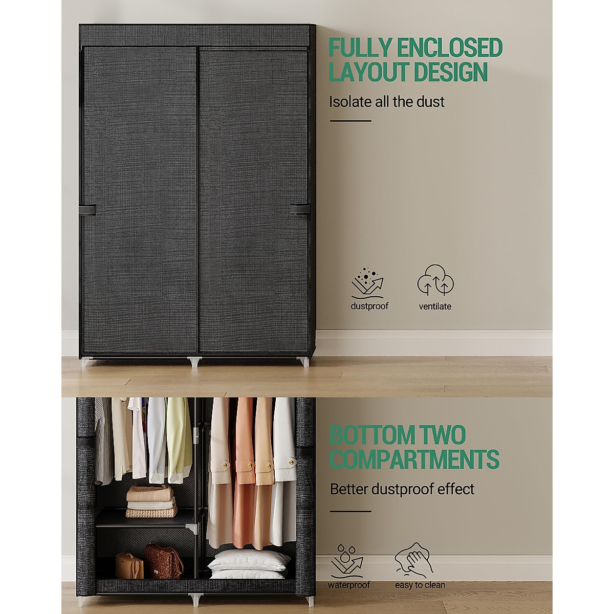 Hzuaneri 35.8 Inch Closet Wardrobe, Clothes Storage Organizer for Hanging Clothes with Cover, 2 Hanging rods, 5 Storage Shelves, Portable Closet for Bedroom 35.8 x 17.7 x 66 inches, Pure Black