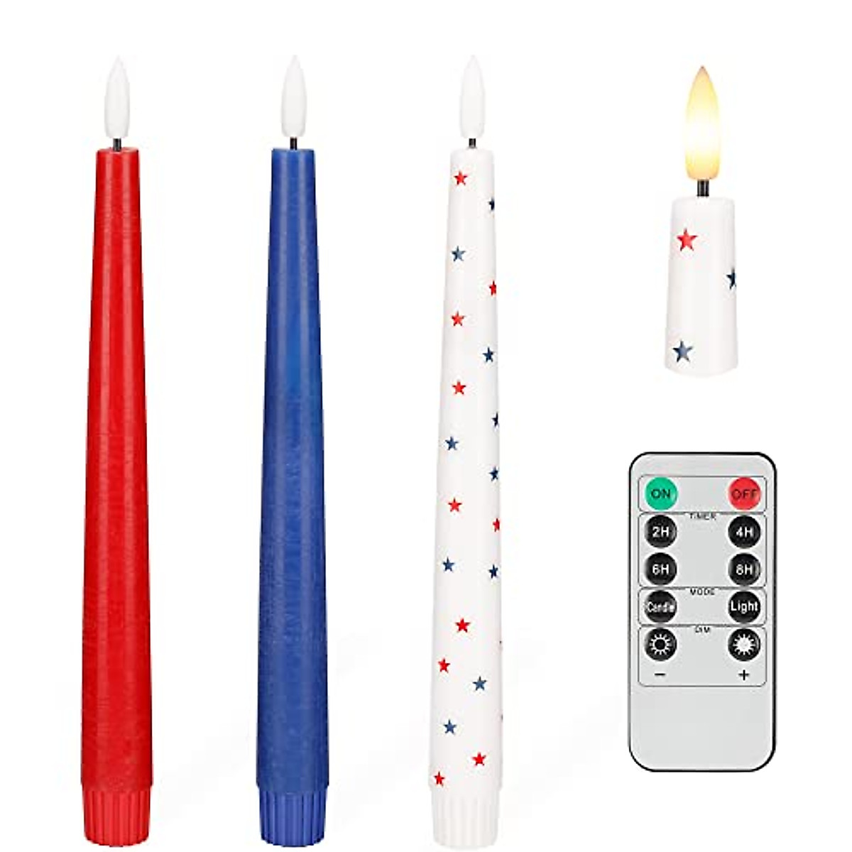 Patriotic Candles, Flameless Taper Candles with 3D Wick, 9.6" Real Wax Red White Star and Blue Candles with Remote and Timer