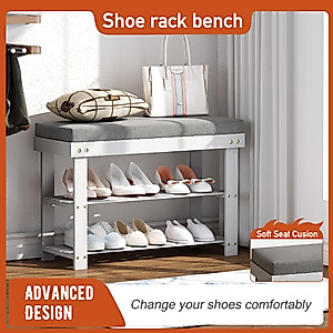 GHWIE Bamboo Shoe Rack Bench,Storage Organizer with Padded seat,3-Tier Shoe Rack for Entryway(Grey)