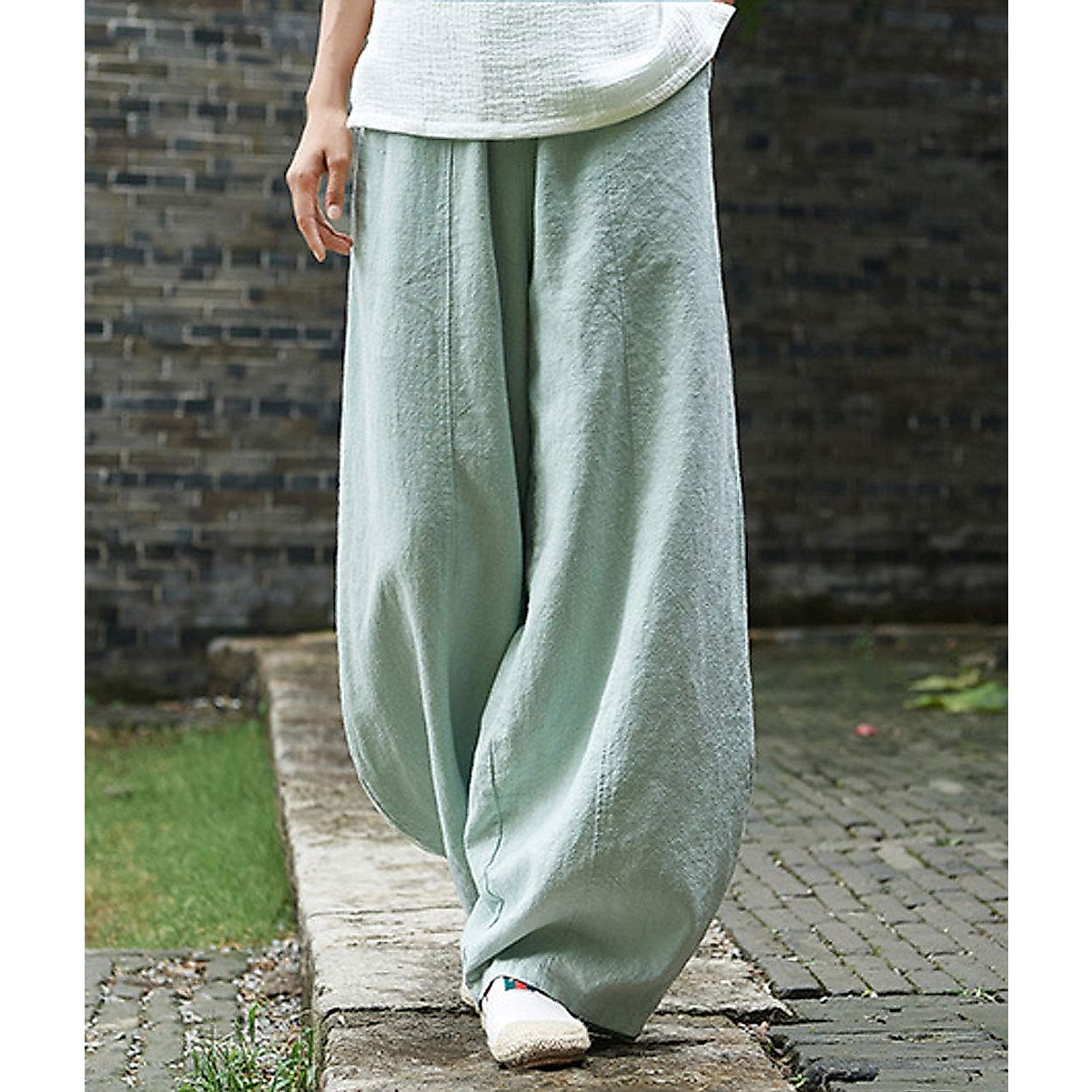 IXIMO Women's Casual Cotton Linen Baggy Pants with Elastic Waist Relax Fit Lantern Trousers Green XL