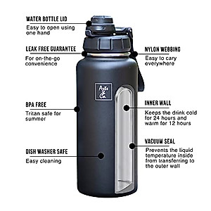 ARTS & CO. Success Facts Vacuum Insulated Stainless Steel Wide Mouth Leakproof Inspiration Sports Water Bottle 32 oz. (Deep Black)