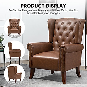 MOJAY Mid-Century PU Leather Accent Chair, Living Room Lounge Sofa Chair with Buttons, Single Club Armchair with Rivet Trim for Bedroom Home Reception (Brown)