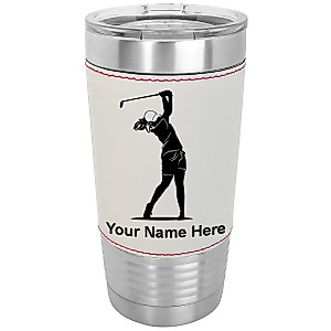 LaserGram 20oz Vacuum Insulated Tumbler Mug, Golfer Woman, Personalized Engraving Included (Faux Leather, Baseball Style)
