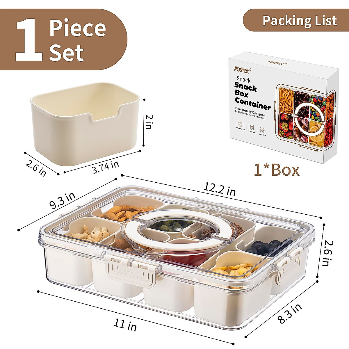 Snack Box Container, Dishwasher Safe Fruit Storage Containers, Divided Serving Tray with Lid for Veggie, Candy and Nuts Organizer, Snackle Charcuterie Boxes for Kids, Adults Travel, Party and Picnic