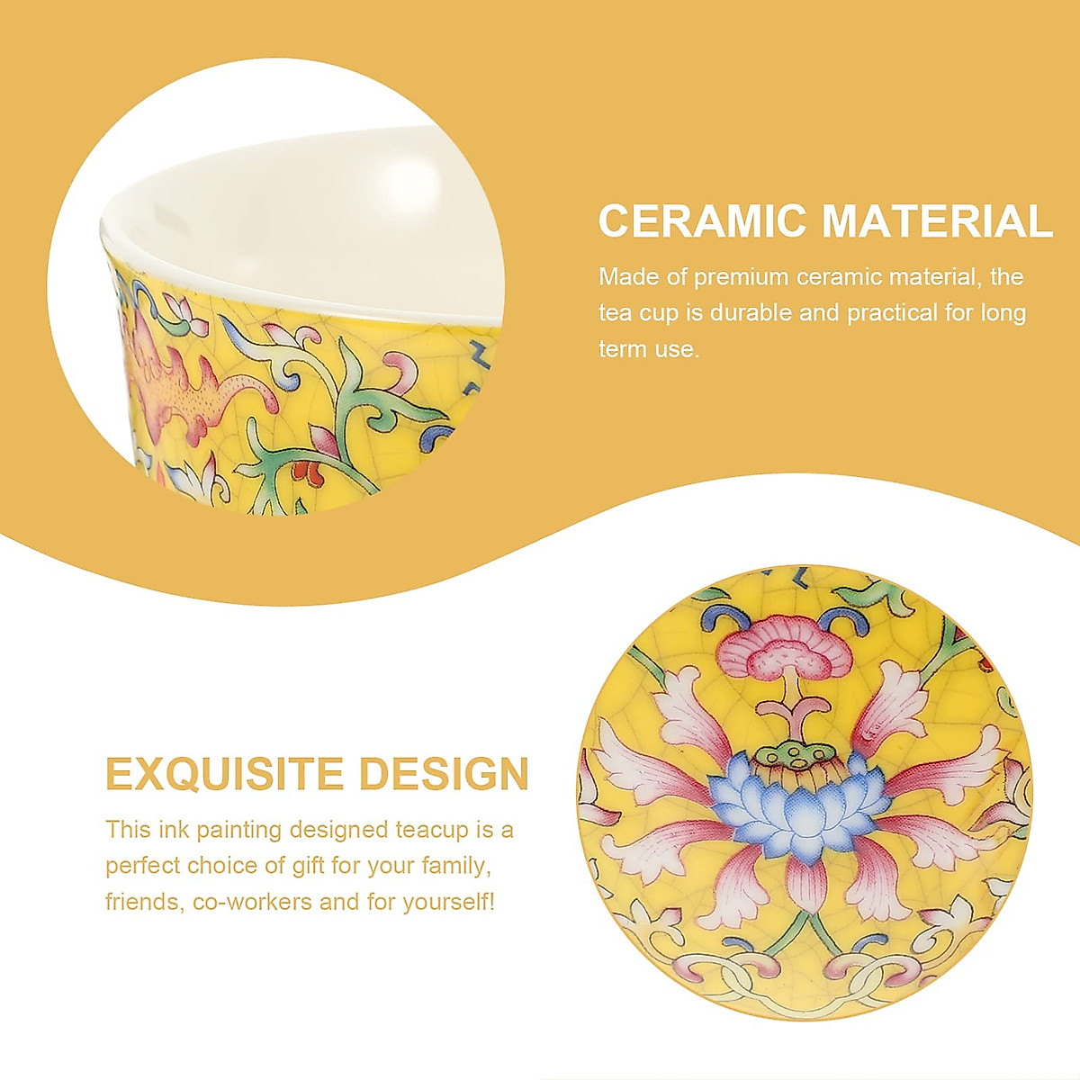 Beavorty Chinese Handmade Kungfu Tea Cup 130ml Floral Pattern Ceramic Tea Mugs Porcelain Tea Cup Tea Bowl Japanese Tea Cup Sake Cup Tea Accessories Drinkware (Yellow)