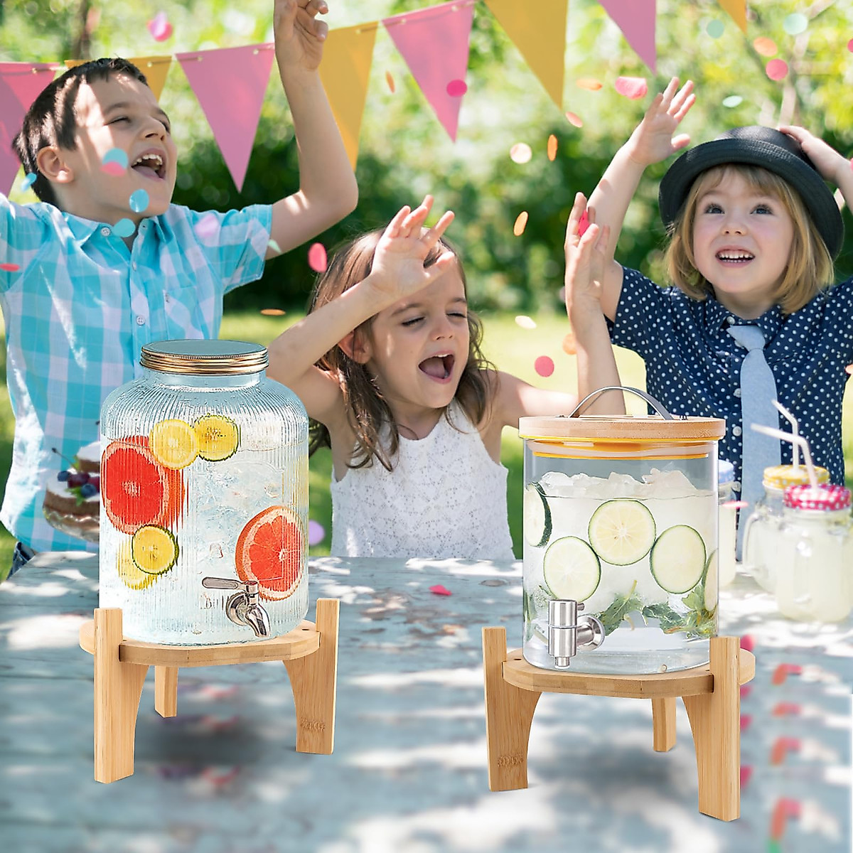 Ruizhihu Beverage Dispenser Stand Round Glass 𝗪𝗮𝘁𝗲𝗿 𝗗𝗶𝘀𝗽𝗲𝗻𝘀𝗲𝗿 𝗦𝘁𝗮𝗻𝗱 Bamboo Wood Drink Dispenser Stand Fits 6-8 Inches Diameter of Drink Stand Beverage Dispenser Stand Only