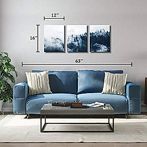 Indigo Misty Forests Wall Pictures for Bedroom Modern 3 Pieces Canvas Wall Art Mountain Forest in Fog Navy Blue Wall Decorations Minimalist Canvas Art Evergreen Coniferous Trees Gallery Wrapped