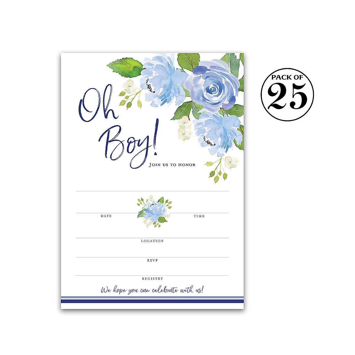 OH BOY! — Floral BABY SHOWER INVITATIONS— Pack of 25 — Garden Baby Shower Blank Fill-in INVITES, Flowers, Chic, Unique, Garden Invites, BLUE Baby BOY Sprinkle Invites, DIY Invites BLUE SKU I705-INV1