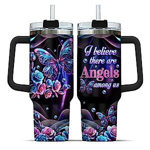99OWL Butterfly Jewelry Angels, Tumbler 40 Oz With Handle Lid And Straw, Butterfly Gifts, Coffee Purple Navy Blue Royal Flower Light Floral Tumblers For Black Straws Glitter Women