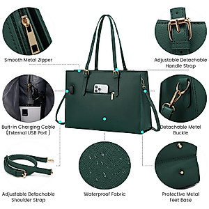 LOVEVOOK Laptop Bag for Women, Fashion Computer Tote Bag Large Capacity Handbag, Leather Shoulder Bag Purse Set, Professional Business Work Briefcase for Office Lady, 2PCs, 15.6-Inch, Deepgreen