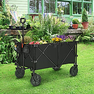 S AFSTAR Folding Wagon Cart, Collapsible Garden Wagon w/Adjustable Handle & Universal Wheels, Heavy Duty Folding Utility Cart for Agricultural Material Toy Grocery, Load Capacity up to 180Lbs (Black)