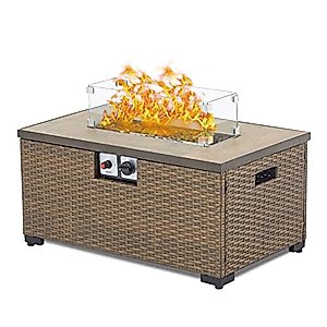 Patio Propane Fire Pit Table - 32 inch Outdoor PE Rattan Rectangle Tan Wicker Gas Fire Table with Ceramic Tile Tabletop, Glass Wind Guard for Outside, Garden, Backyard, Brown