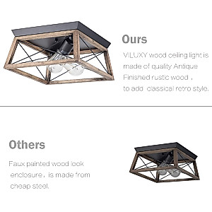 VILUXY Retro Industrial Rectangle Flush Mount Ceiling Light Fixture with Wood Shade for Hallway, Entryway, Passway, Dining Room, Bedroom, Balcony Living Room Two-Light